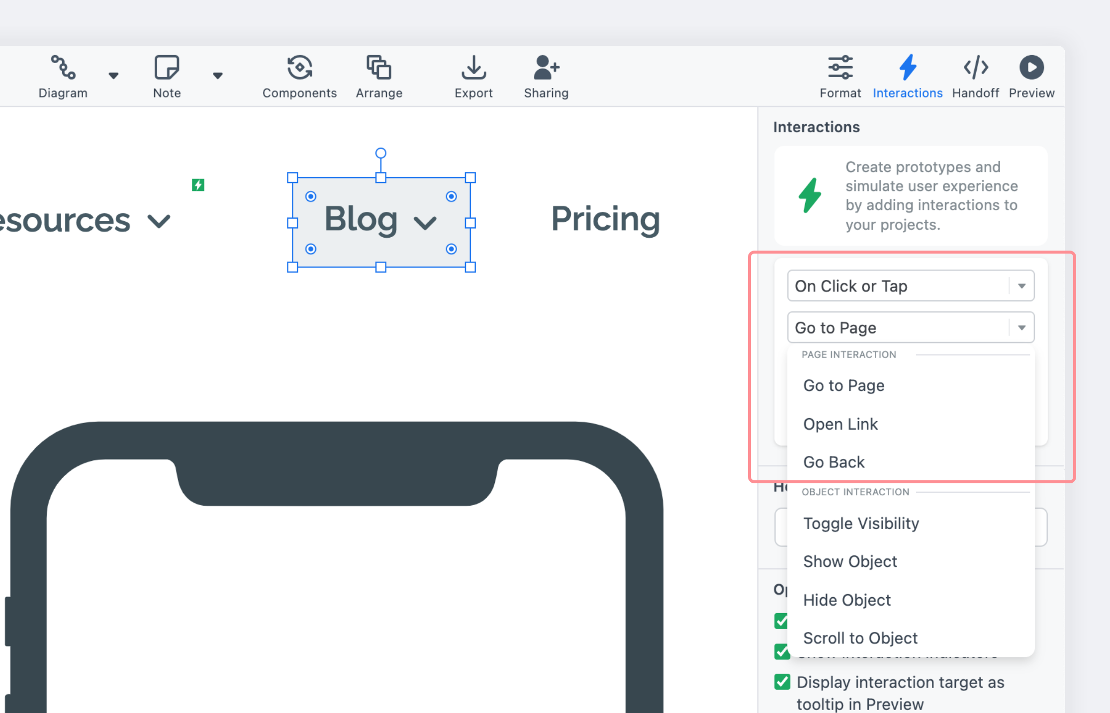 Page interactions | Moqups