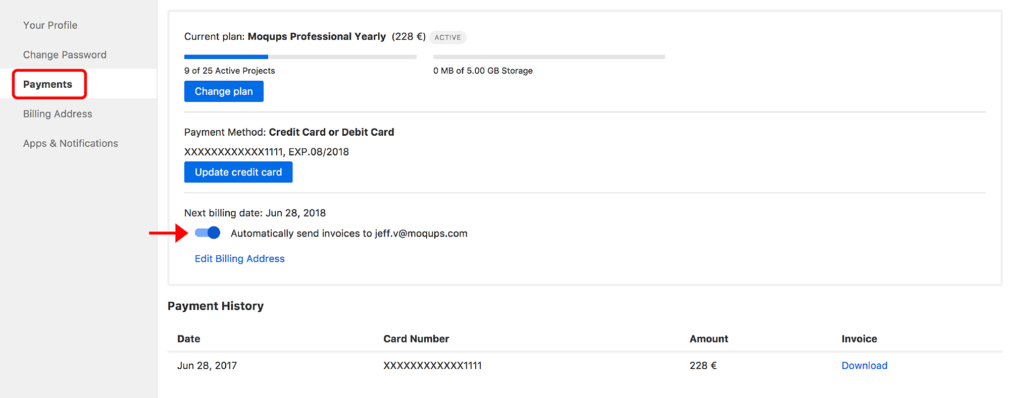 Account invoices and billing | Moqups